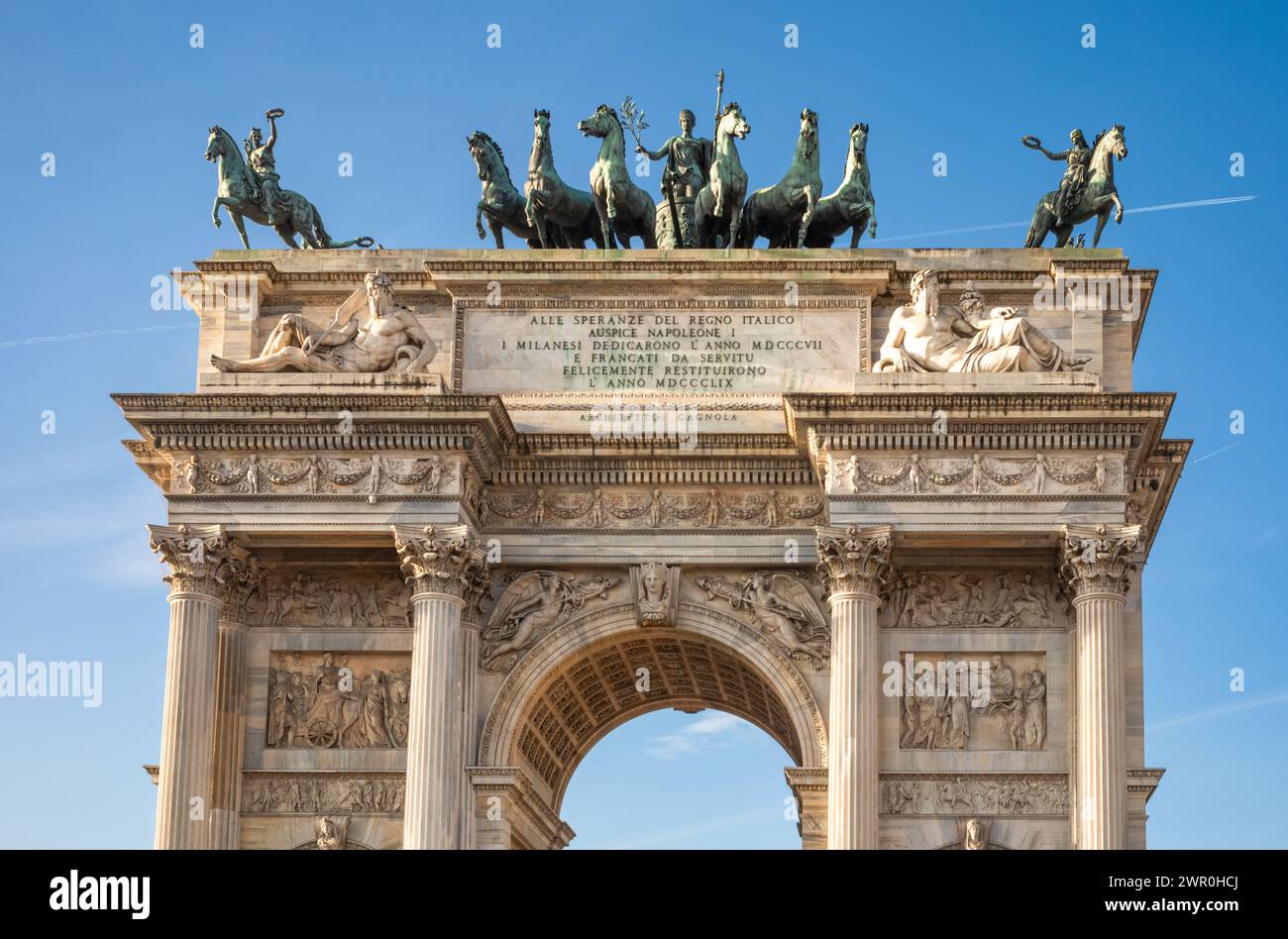 Details on the triumphal arch known as Arco della Pace, or the Arch of ...