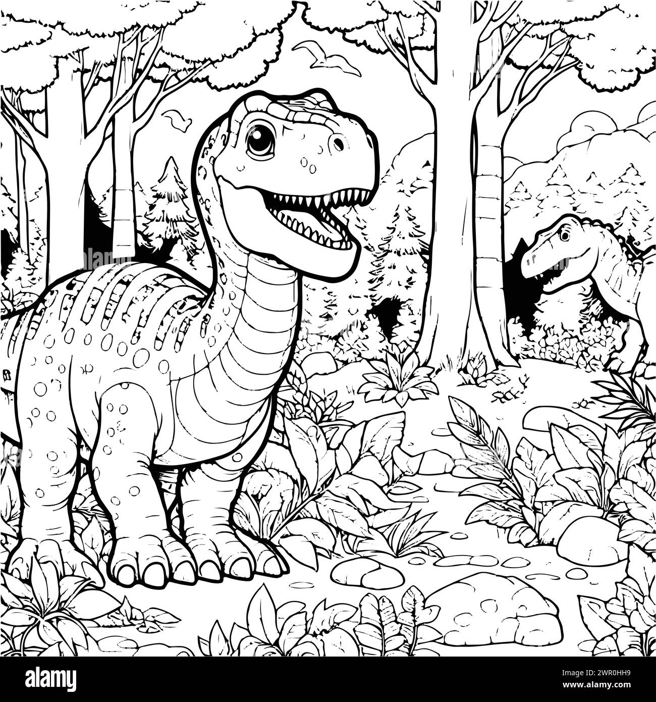 coloring draw dinosaur in the jungle with friend background and happy ...