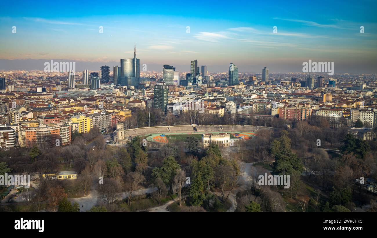 Aerial view of Milan looking northeast from Branca Tower past Atletica ...