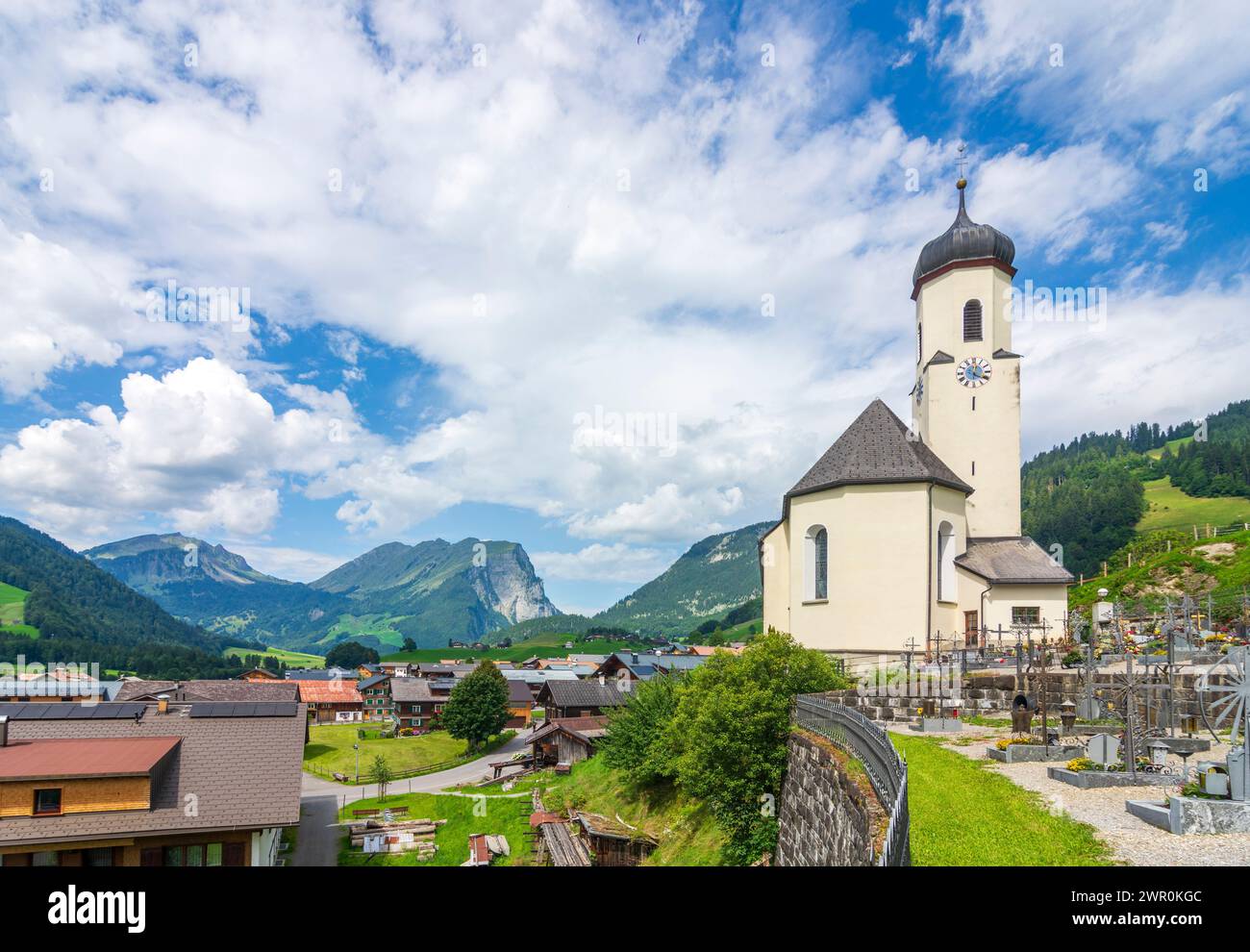 Schoppernau: church Schoppernau, mountain Kanisfluh in Bregenzerwald ...