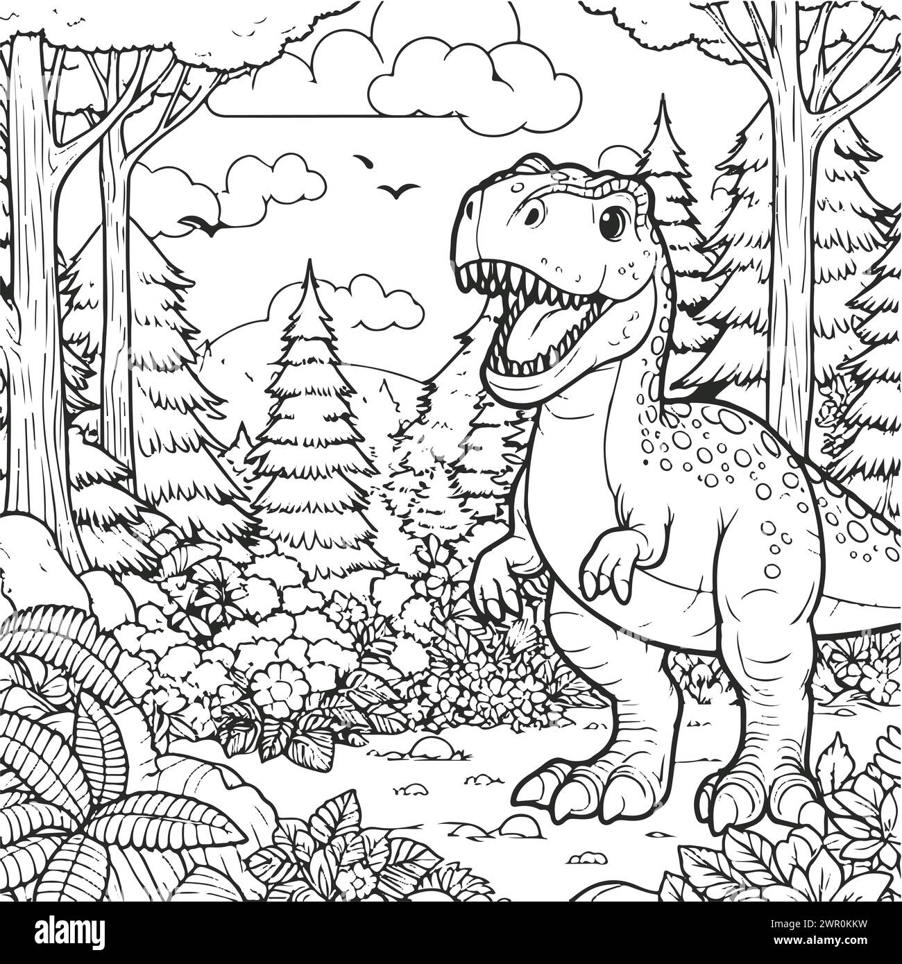 coloring draw dinosaur with a jungle and trees background. black and ...