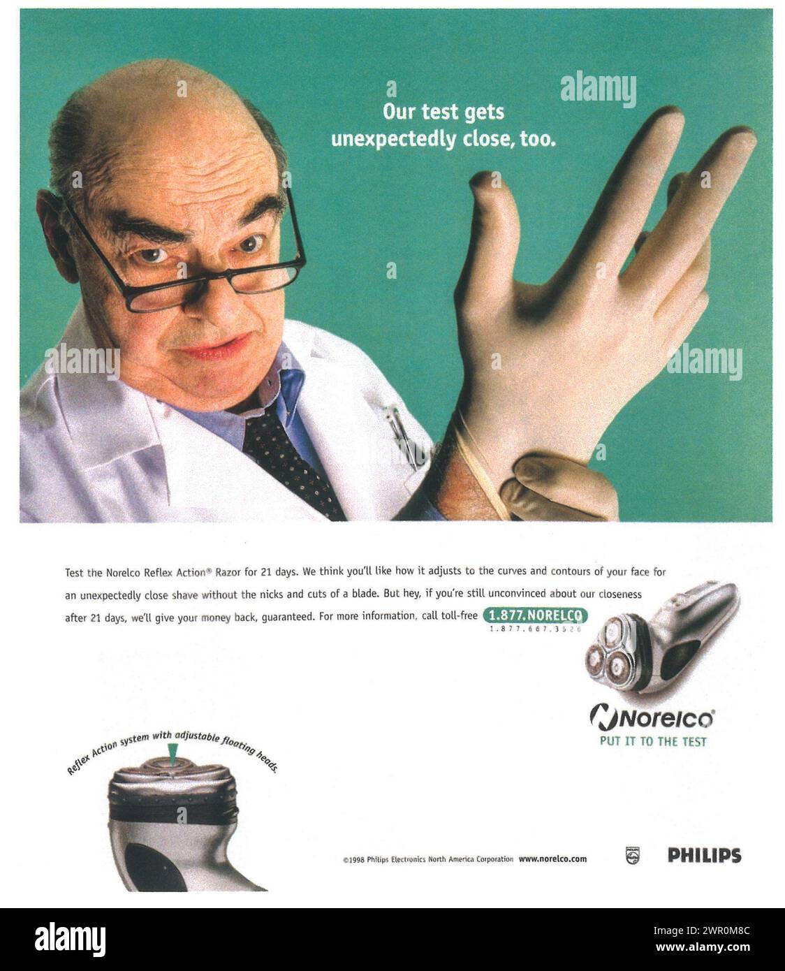 1998 Philips Norelco Razor print ad. "Our test gets unexpectedly close ...