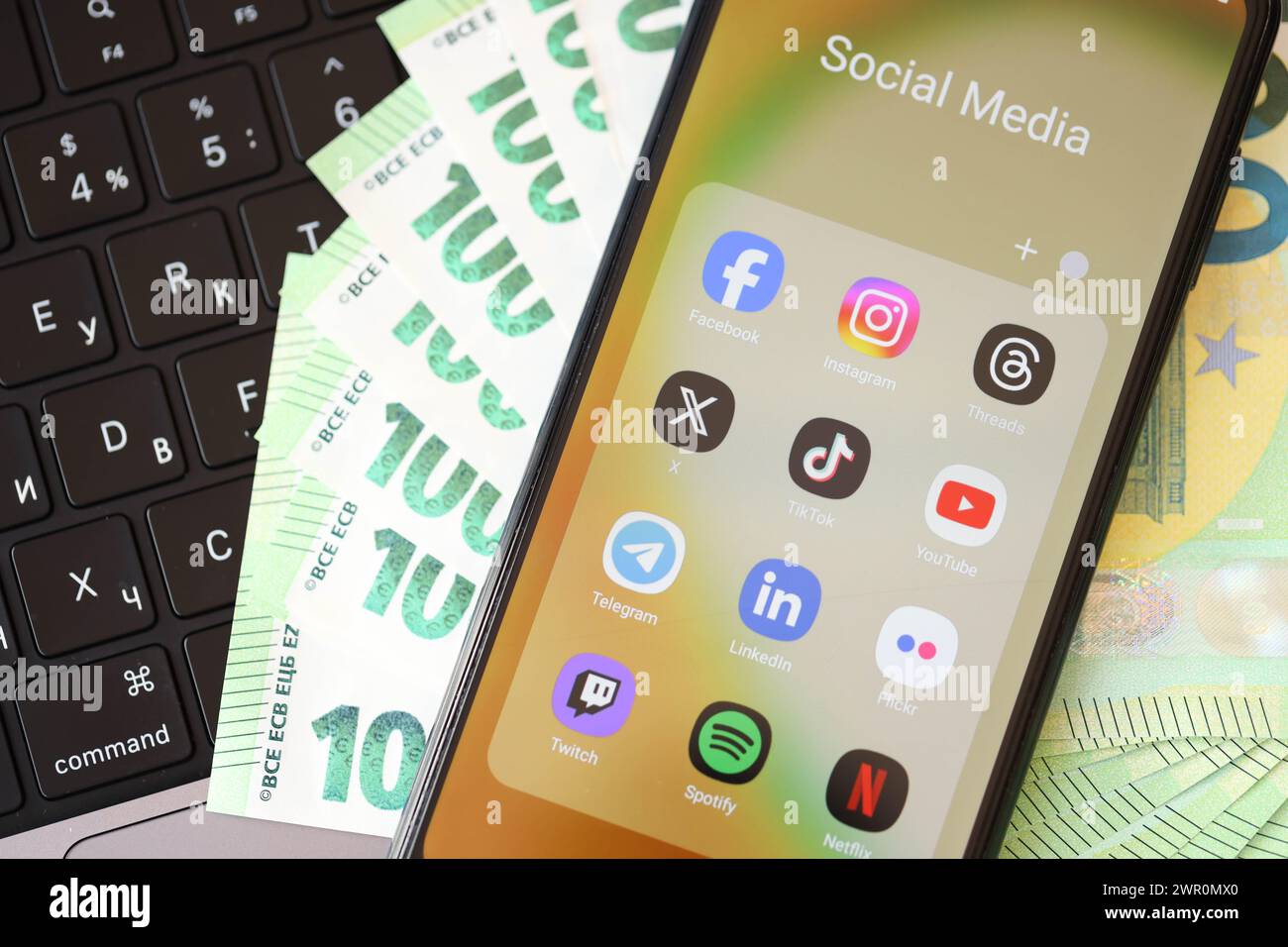 KYIV, UKRAINE - FEBRUARY 28, 2024 Social Media icons group on Galaxy ...