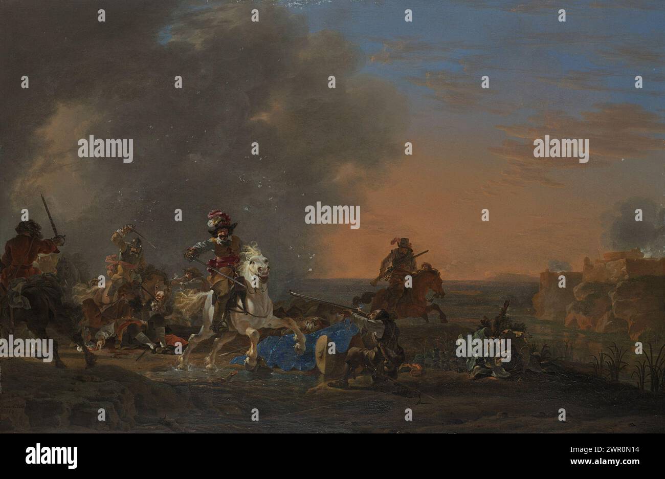 Cavalry charge at sunset. In the middle a kneeling musketman fires at ...