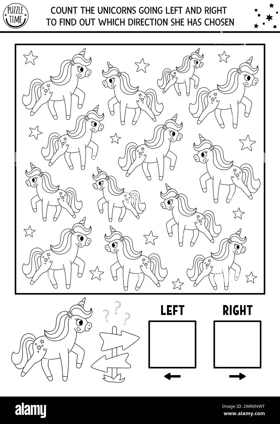 Unicorn black and white logic game with right and left concept for kids ...
