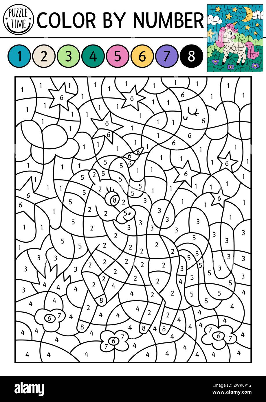 Vector color by number activity with unicorn, stars, half-moon ...