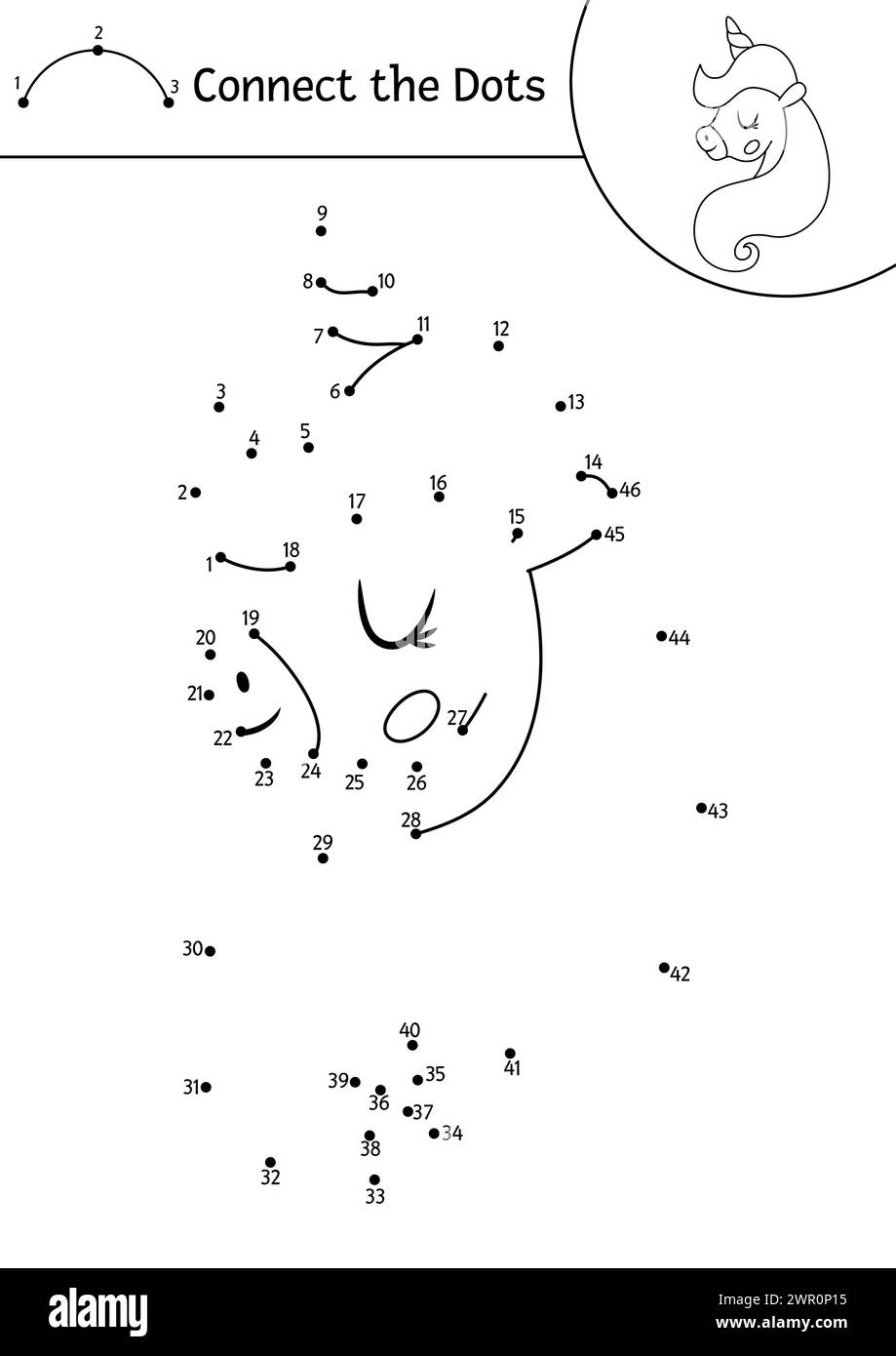 Vector dot-to-dot and color activity with unicorn head. Fairytale ...