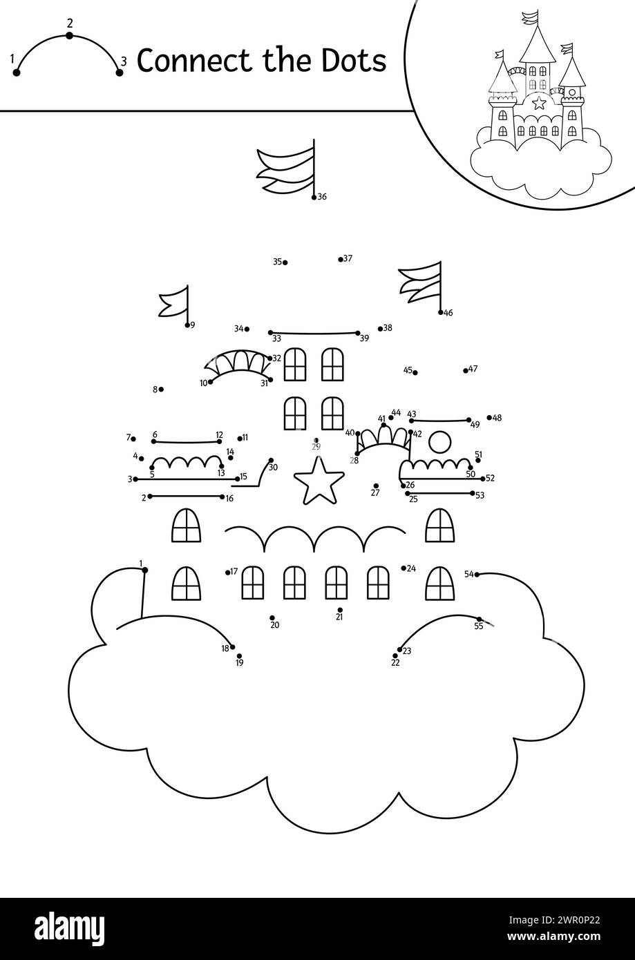 Vector dot-to-dot and color activity with unicorn castle on cloud ...