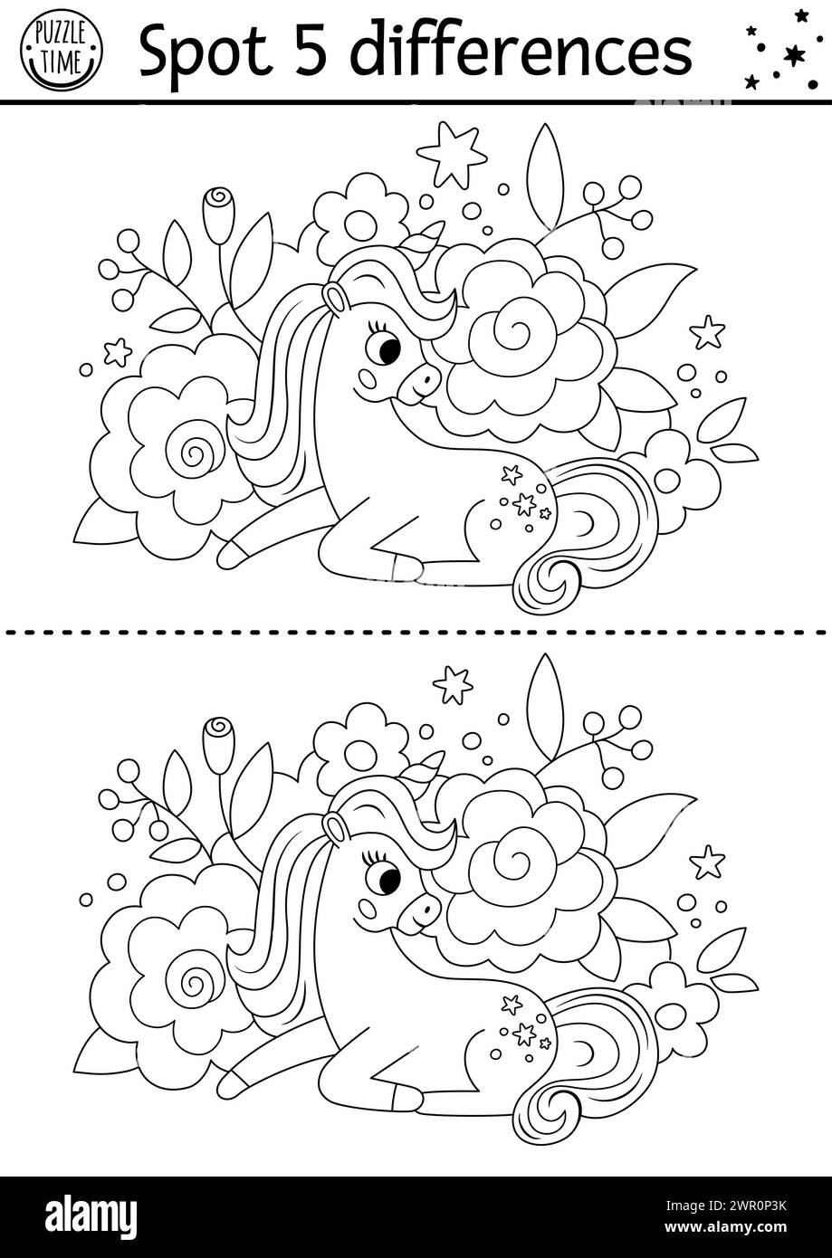 Unicorn black and white find differences game. Fairytale line activity ...