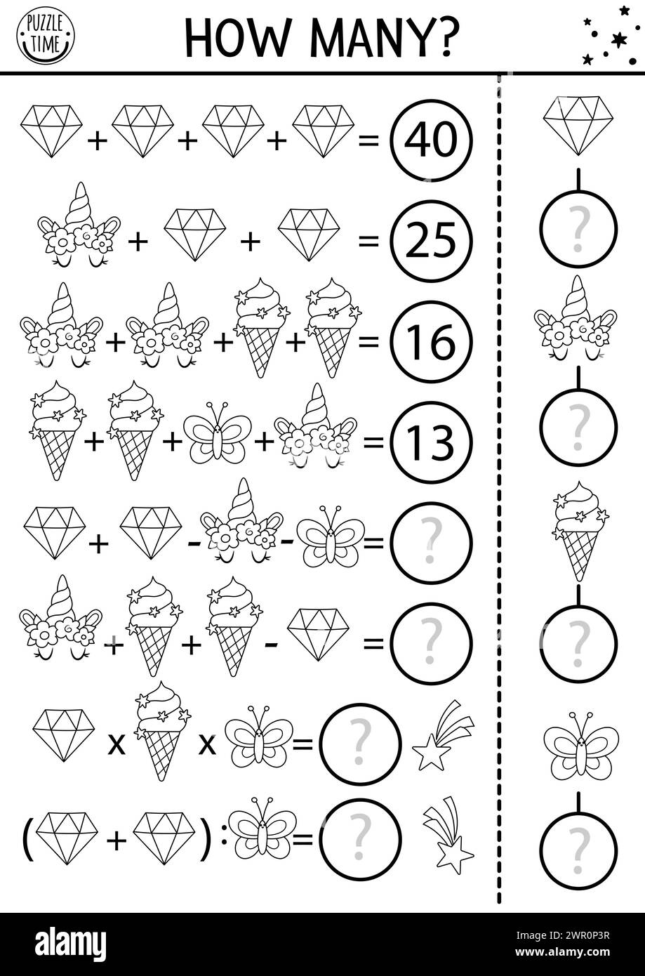 Fairytale black and white how many crystals game, equation or rebus ...