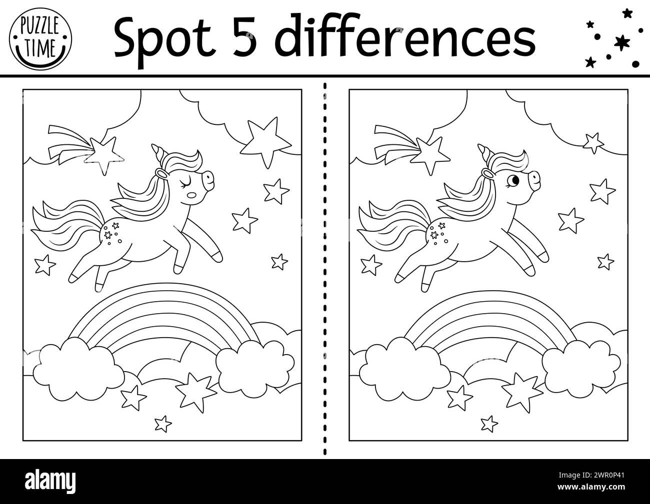 Unicorn black and white find differences game for children. Fairytale ...