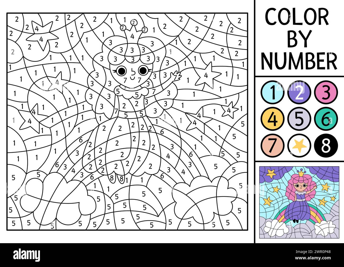 Vector Unicorn themed color by number activity with fairy sitting on ...