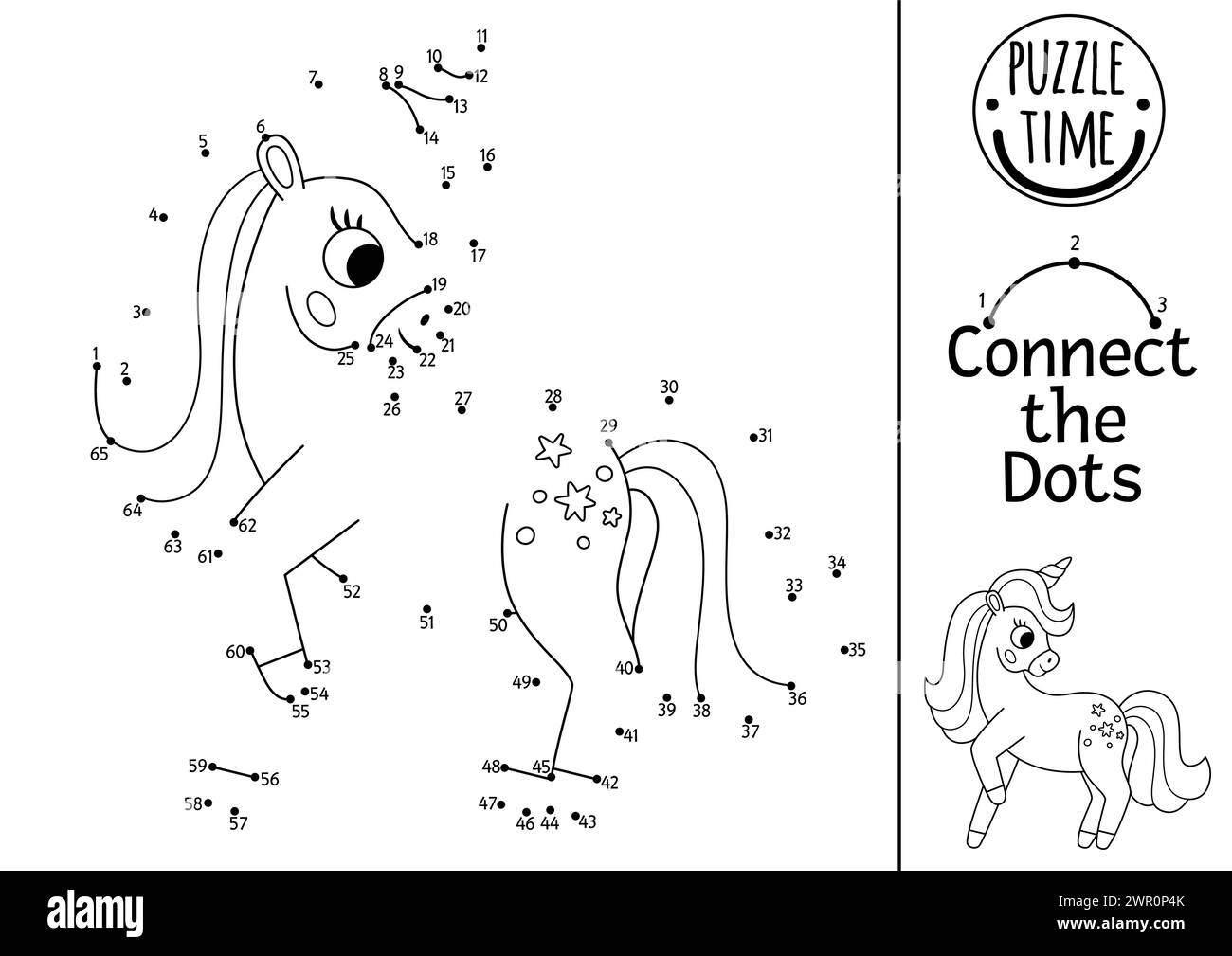 Vector dot-to-dot and color activity with unicorn. Fairytale connect ...