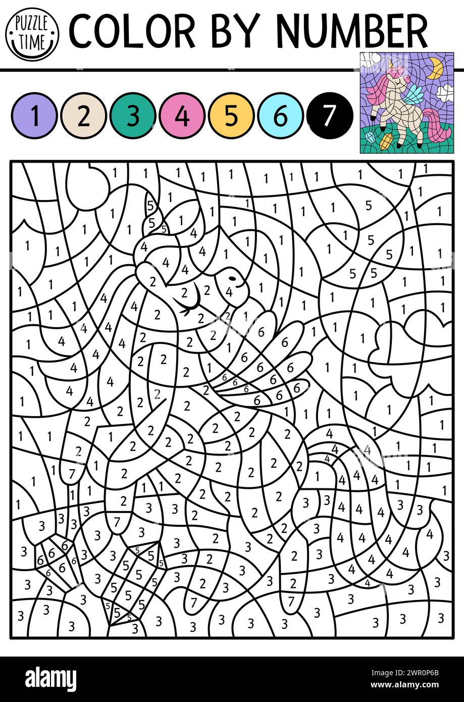 Vector color by number activity with unicorn, crystals, half-moon ...
