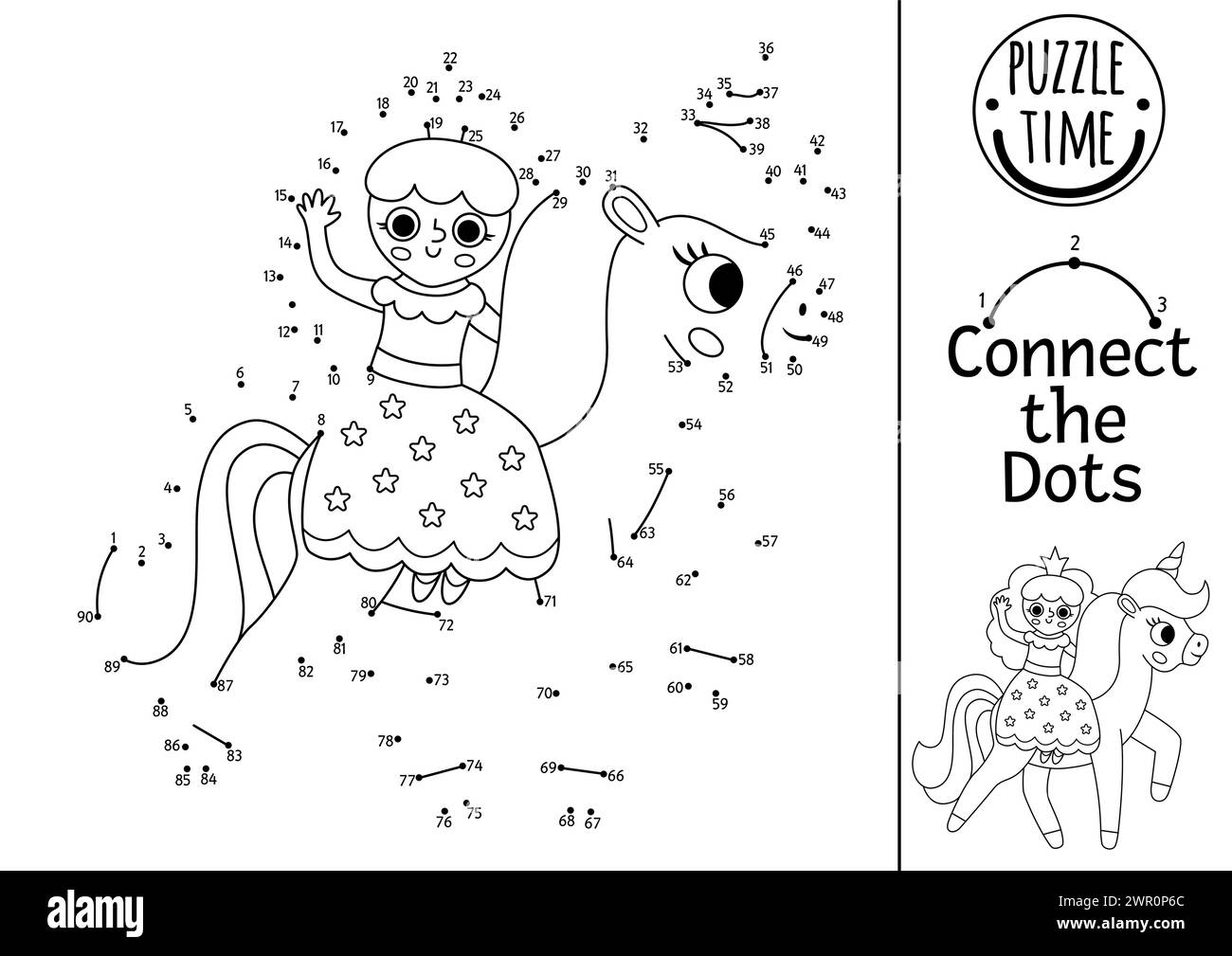 Vector dot-to-dot and color activity with fairy riding a unicorn ...