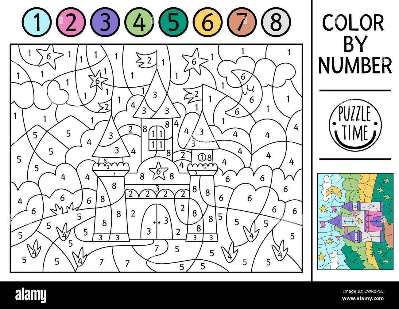 Vector Unicorn themed color by number activity with castle. Fairytale ...