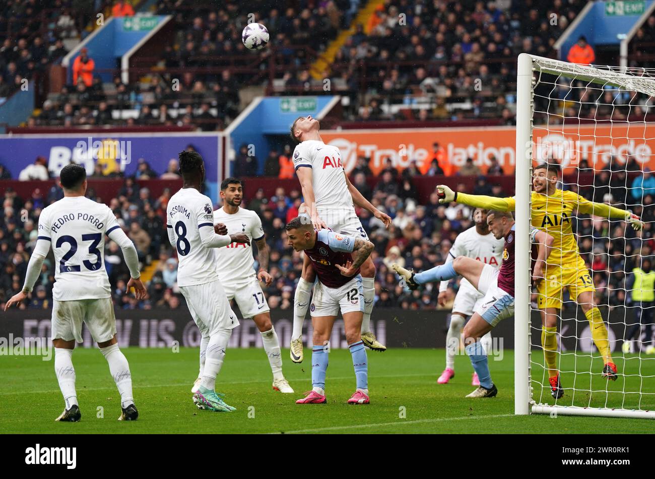 Tottenham Hotspur's Micky van de Ven heads away from danger during the ...