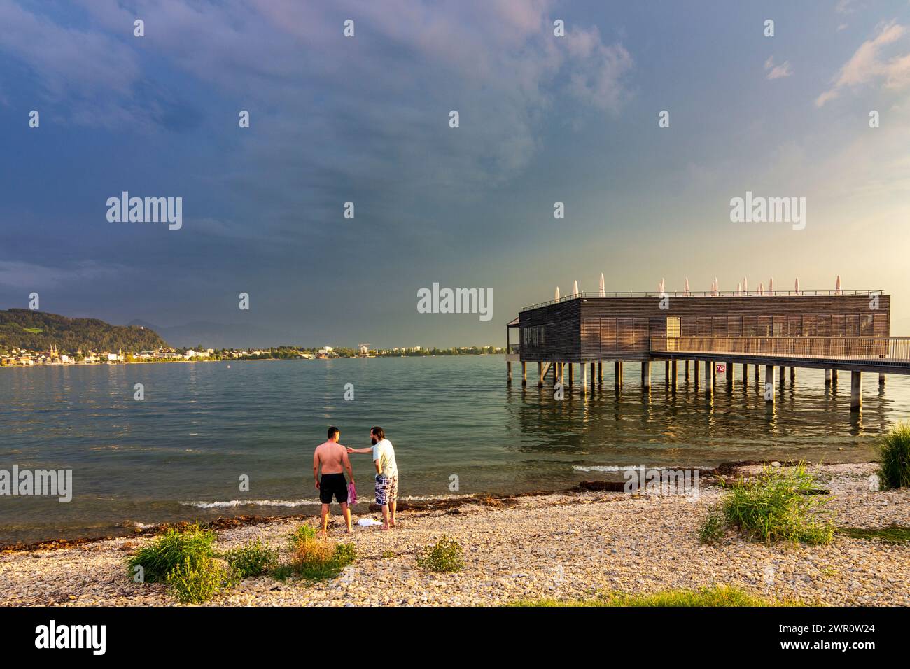 Lochau: lake Bodensee (Lake Constance), town Bregenz, bathhouse of ...
