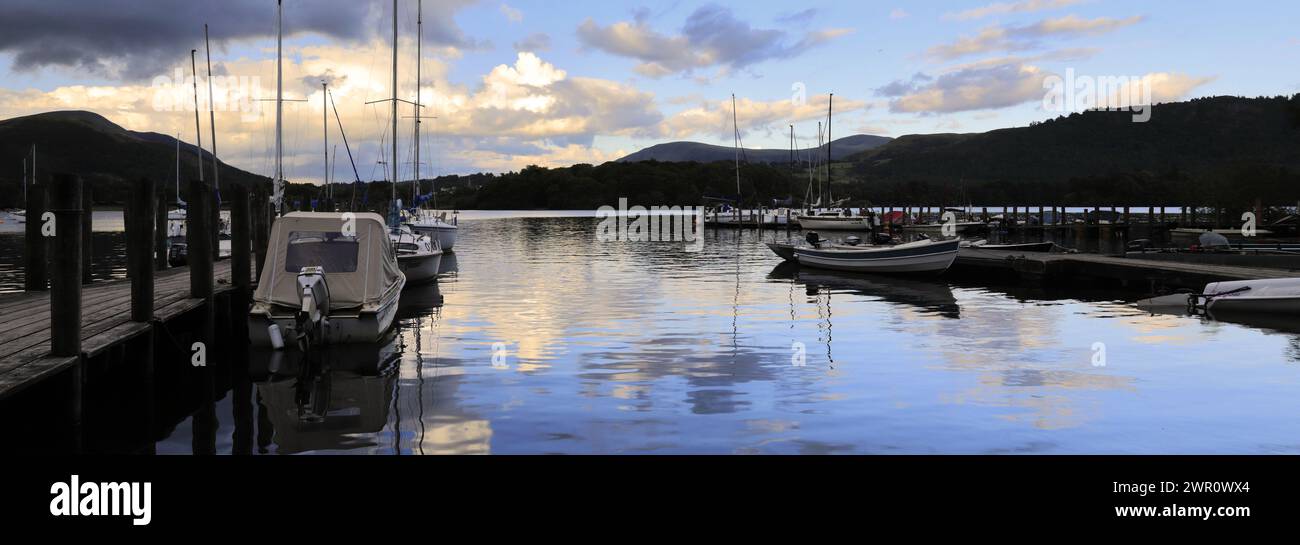 Sunset over boats moored at Nichol End Marine, Derwentwater, Keswick ...