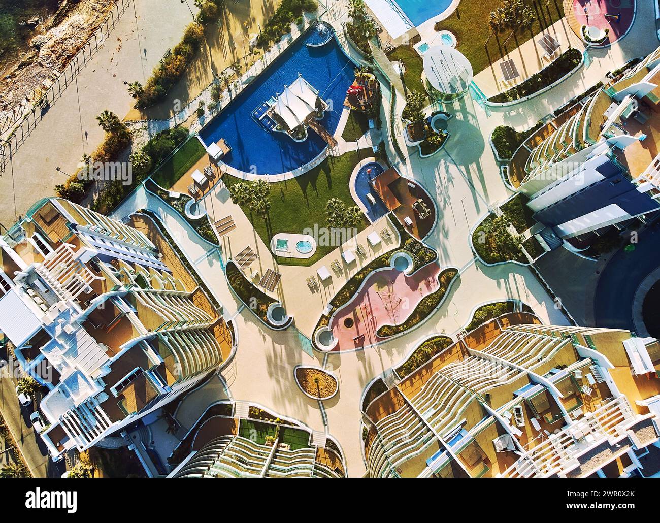 Drone top point of view Punta Prima seaside modern residential building ...