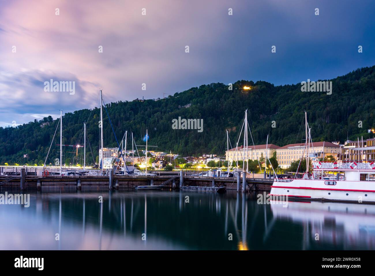 Bregenz: lake Bodensee (Lake Constance), harbor, boats, Colonel Bilgeri ...