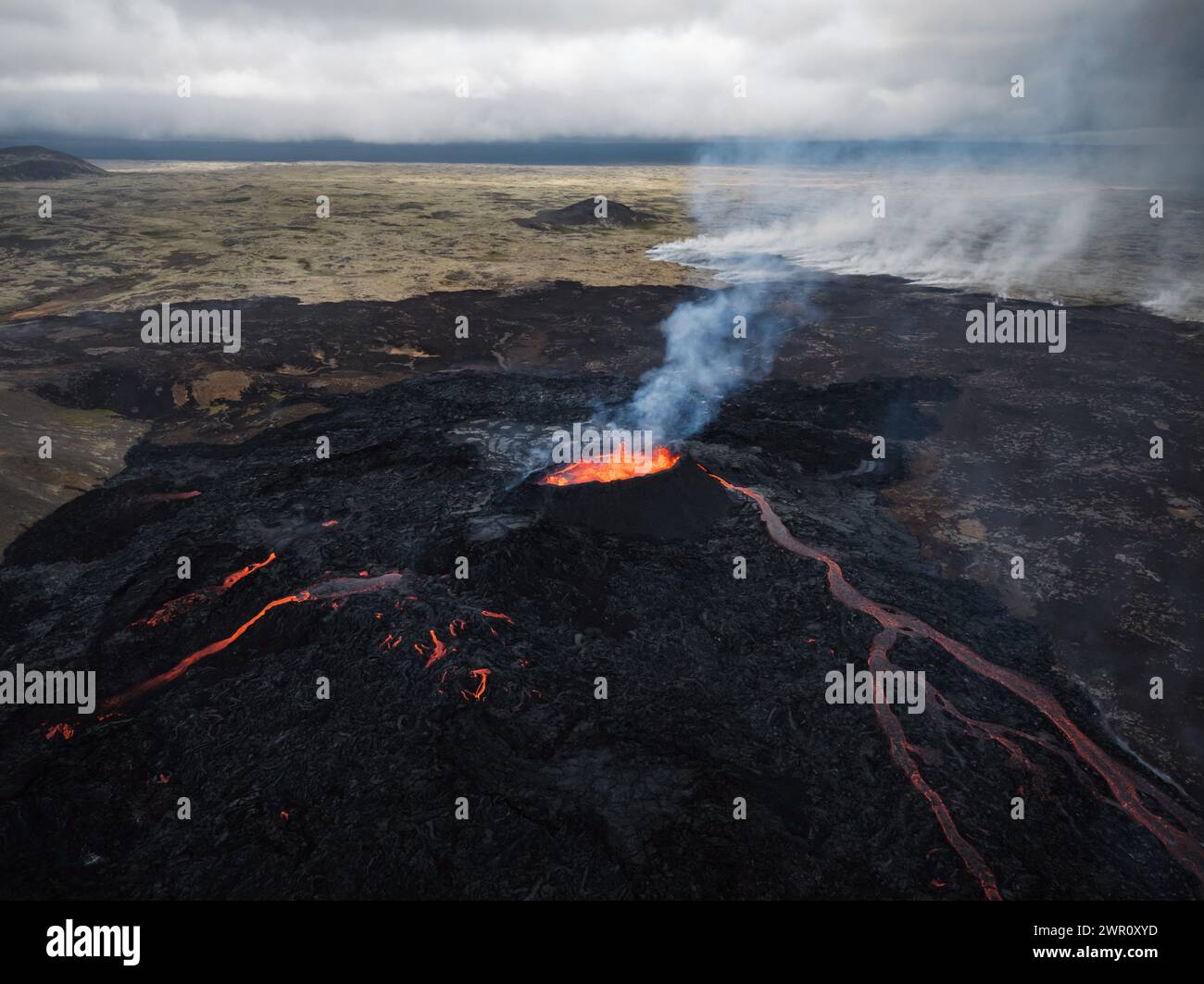 Spectacular panorama view of an active volcano eruption in Iceland, a ...
