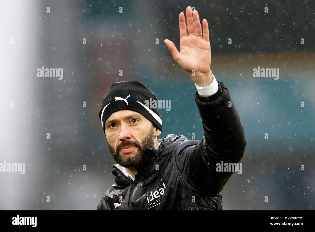 West Bromwich Albion manager Carlos Corberan gestures towards the crowd ...