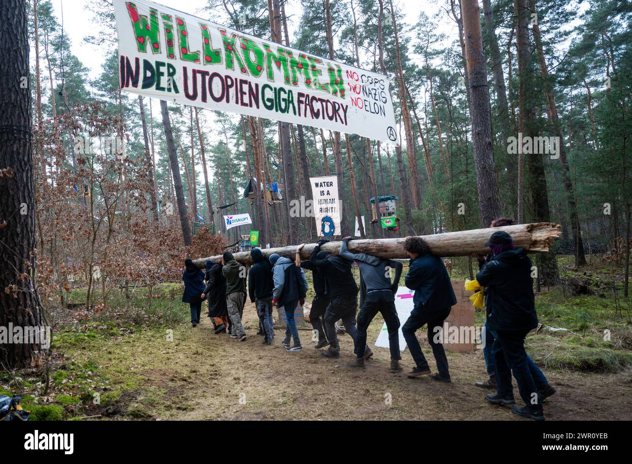 10 March 2024, Brandenburg, Grünheide: Activists carry a tree trunk in ...