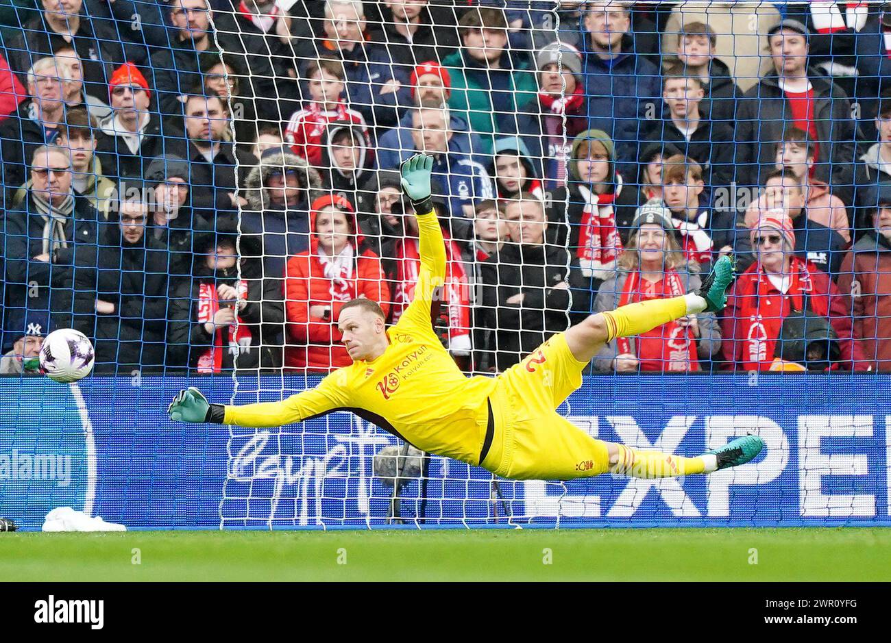 Nottingham Forest goalkeeper Matz Sels saves a shot during the Premier ...