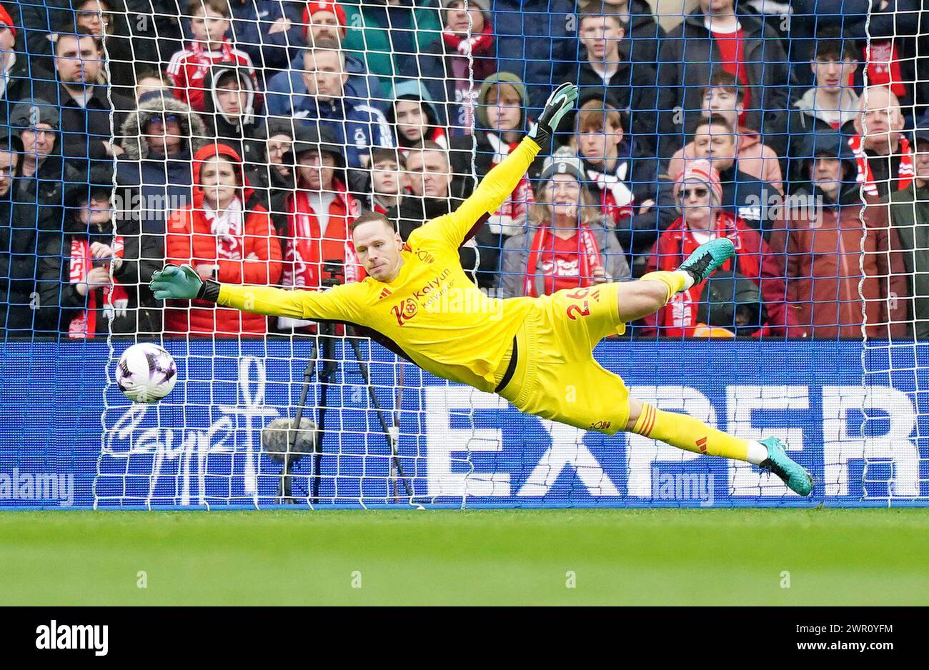 Nottingham Forest goalkeeper Matz Sels saves a shot during the Premier ...