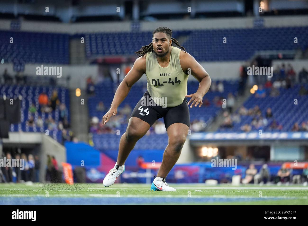Kansas State offensive lineman KT Leveston runs a drill at the NFL ...