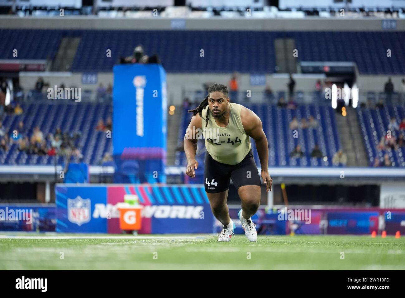 Kansas State offensive lineman KT Leveston runs a drill at the NFL ...