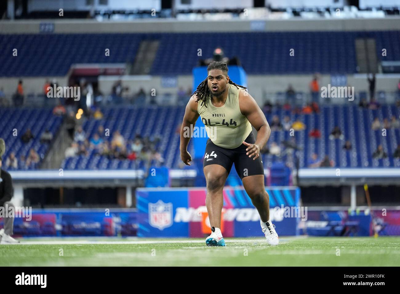 Kansas State offensive lineman KT Leveston runs a drill at the NFL ...