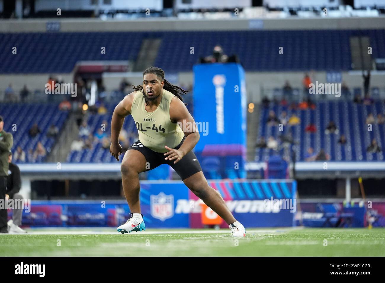 Kansas State offensive lineman KT Leveston runs a drill at the NFL ...