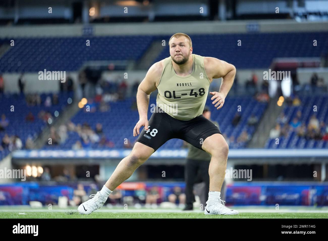 South Dakota State offensive lineman Mason McCormick runs a drill at ...
