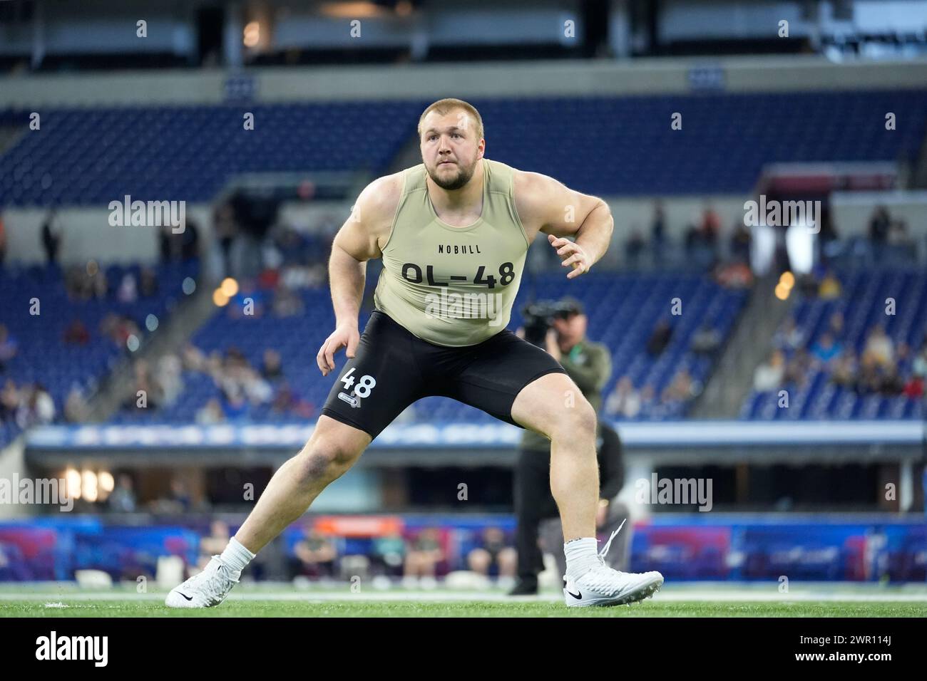South Dakota State offensive lineman Mason McCormick runs a drill at ...