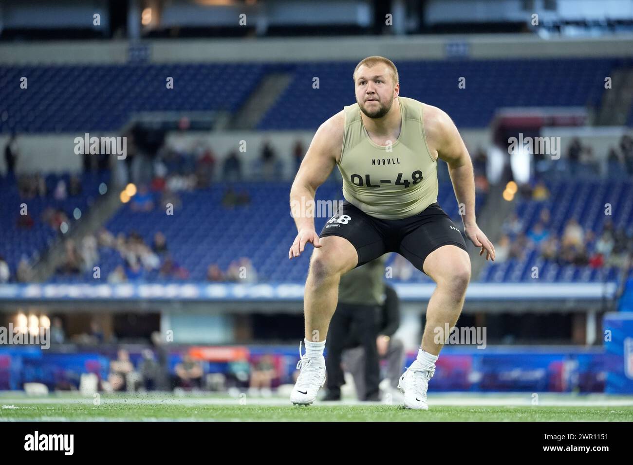 South Dakota State offensive lineman Mason McCormick runs a drill at ...