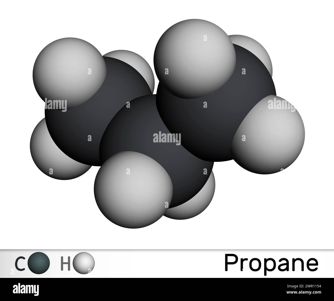Propane C3H8 molecule. It is three-carbon alkane, molecular model. 3D rendering. Illustration ...