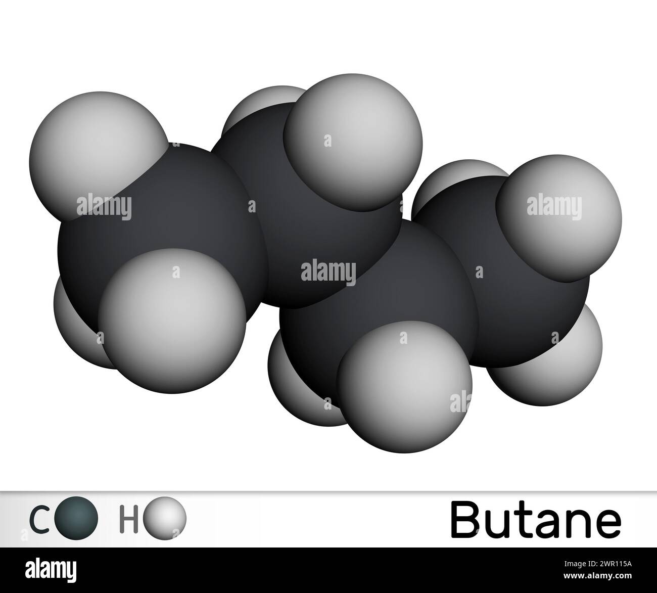 Butane C4H10 alkane molecule. Molecular model. 3D rendering ...