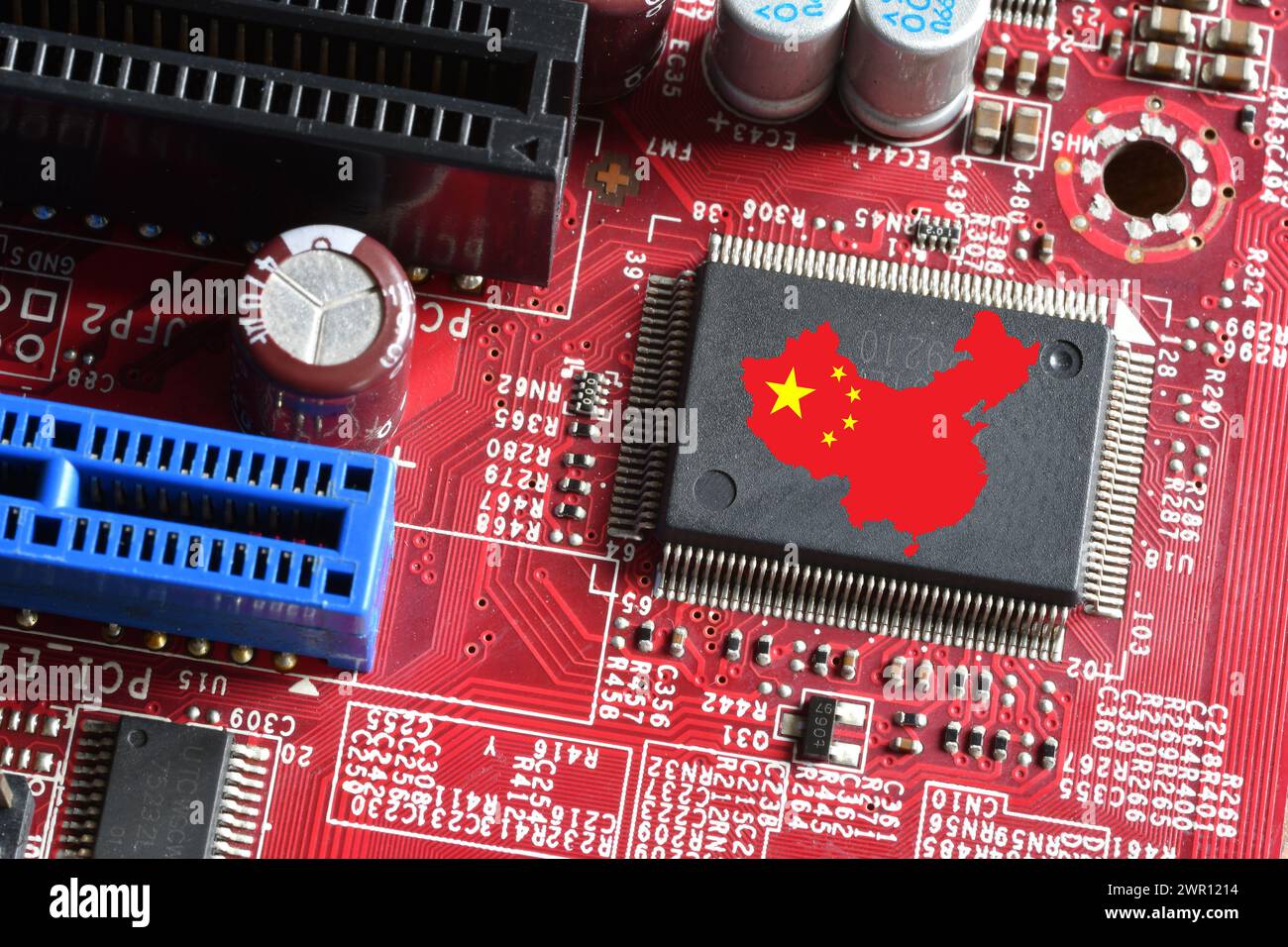 Map and Flag of the Republic of China on microchip of a printed ...