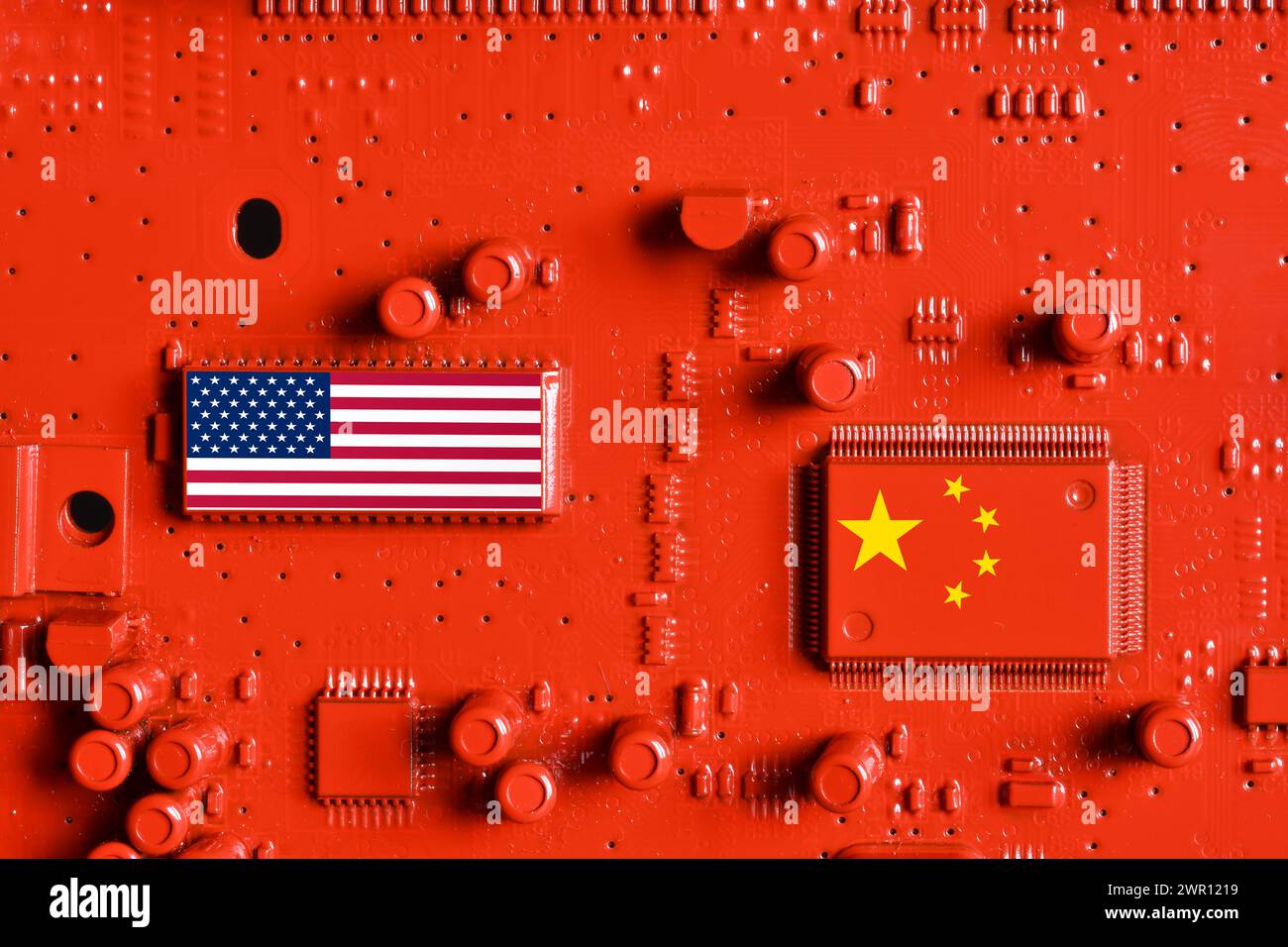 Flag of the Republic of China and USA on the microchips of a red ...