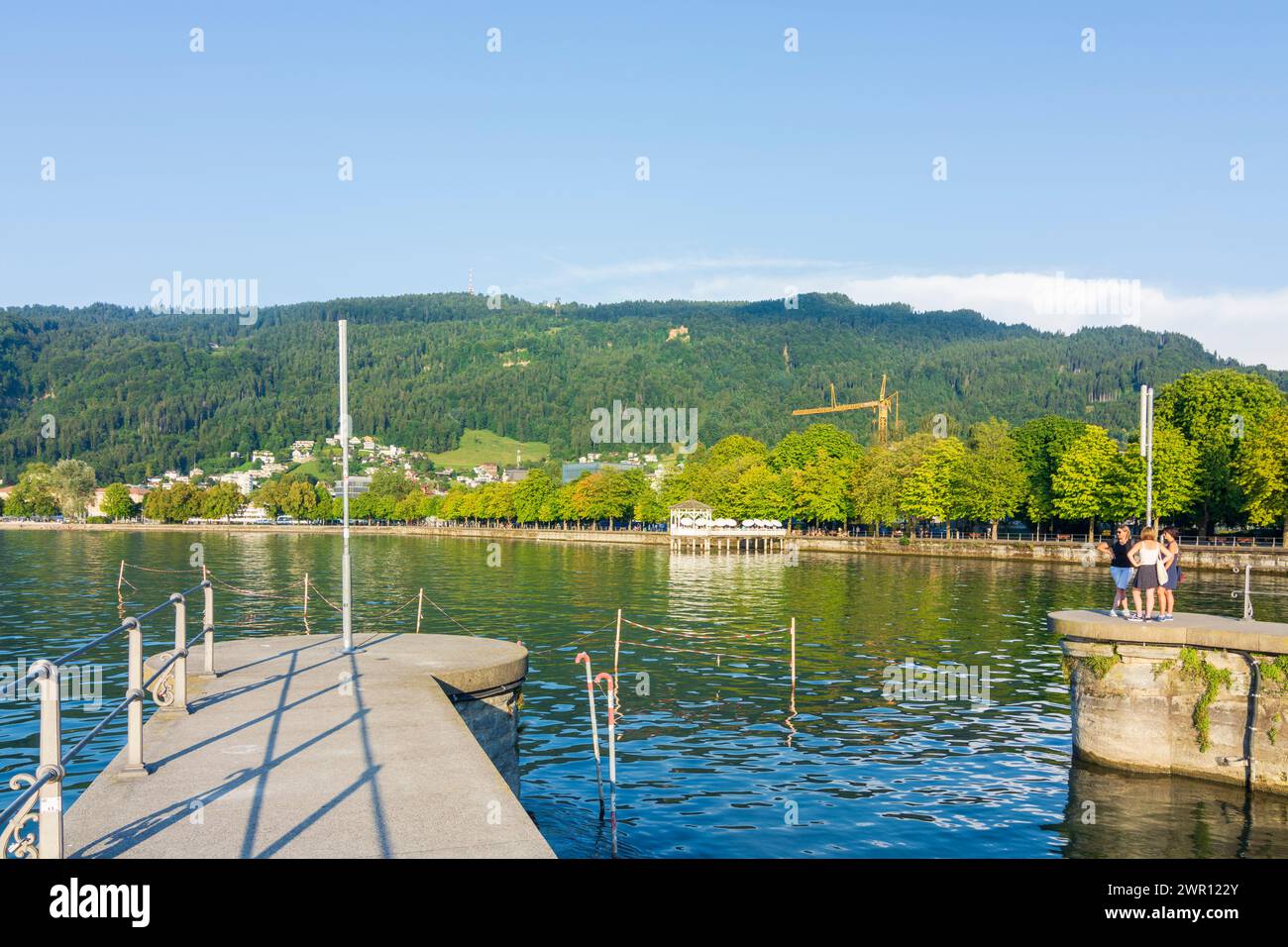 Bregenz: lake Bodensee (Lake Constance), harbor, bridge Fischersteg in ...