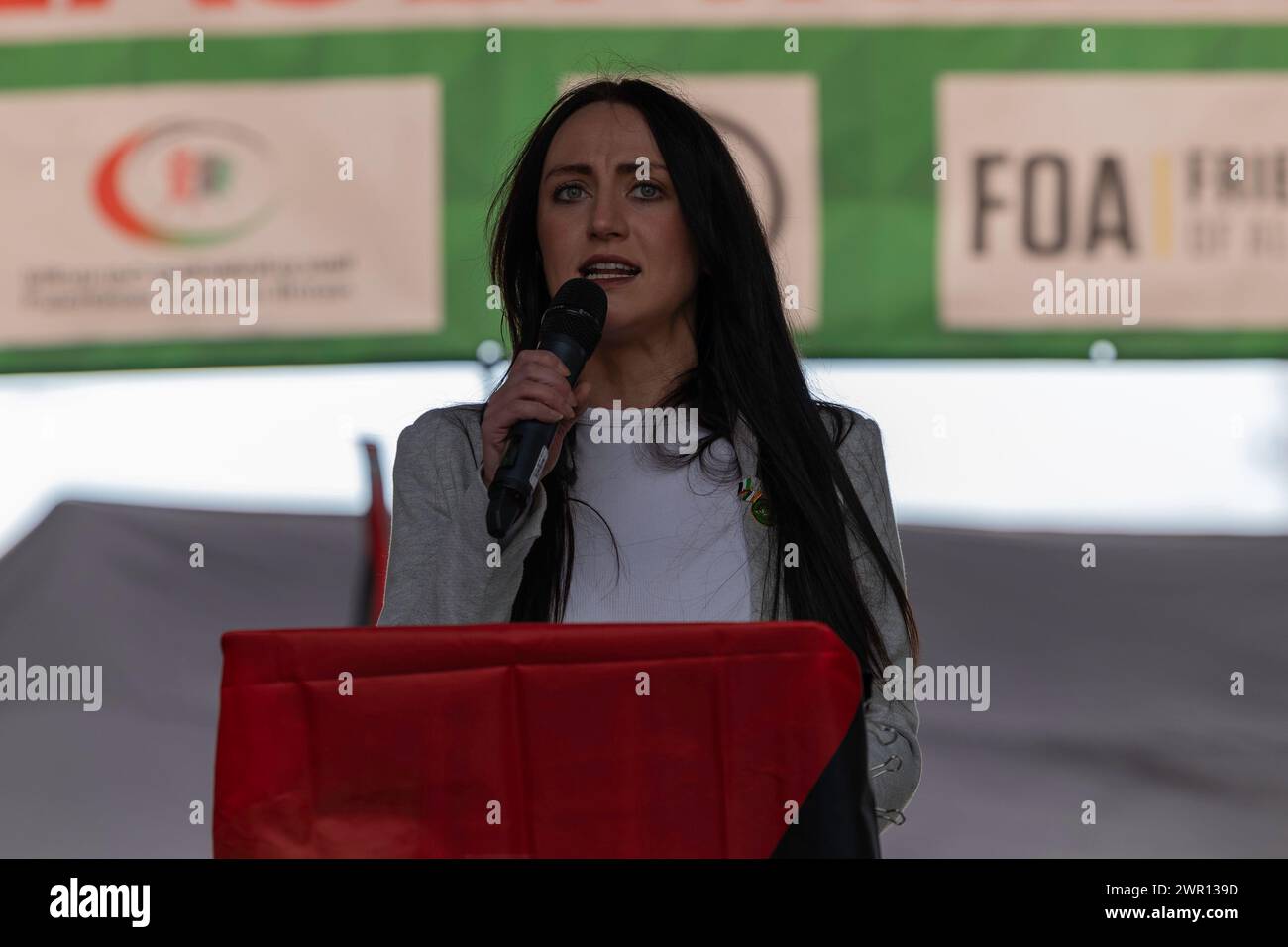 Emma Sheerin, Sinn Féin MLA for Mid Ulster, addresses the crowd from ...