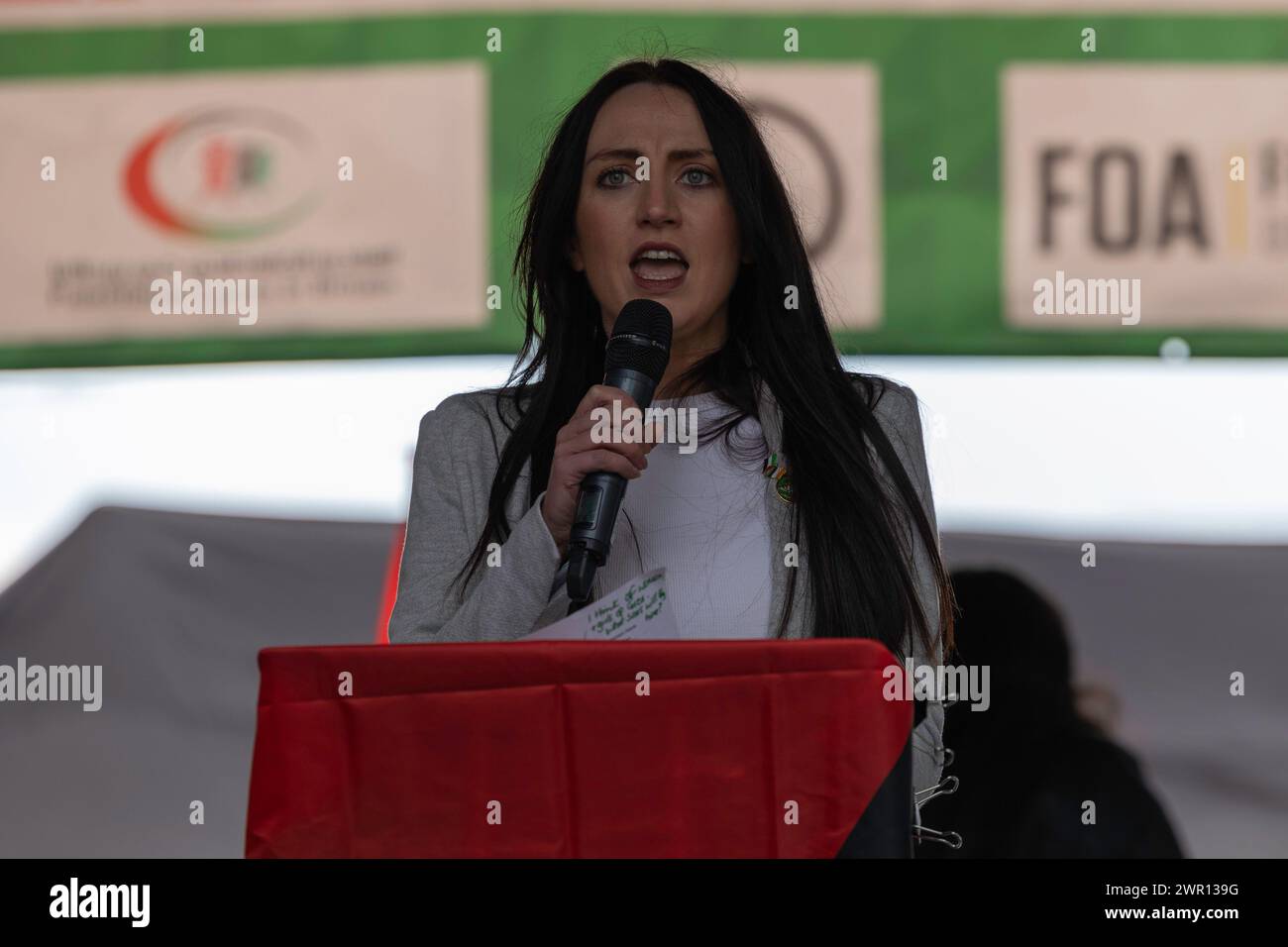 Emma Sheerin, Sinn Féin MLA for Mid Ulster, addresses the crowd from ...