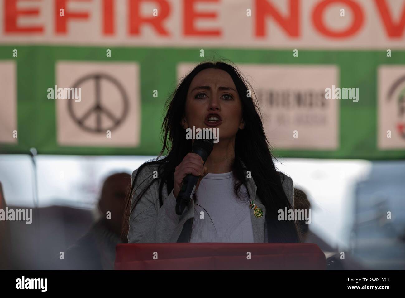 Emma Sheerin, Sinn Féin MLA for Mid Ulster, addresses the crowd from ...