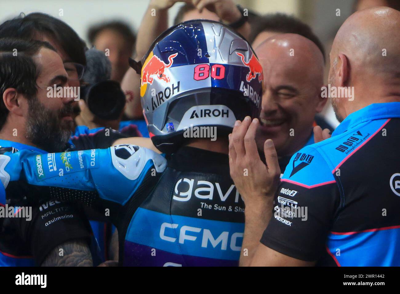 Race winner Colombian David Alonso of the CFMOTO Aspar Team, center ...
