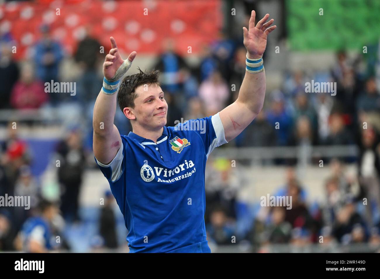 Ross Vintcent of Italy celebrates at the end of the Six Nations rugby ...