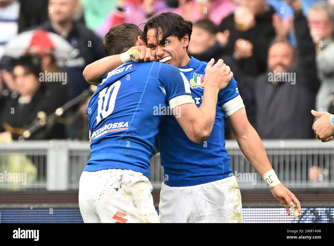 Paolo Garbisi and Ange Capuozzo of Italy celebrate at the end of the ...