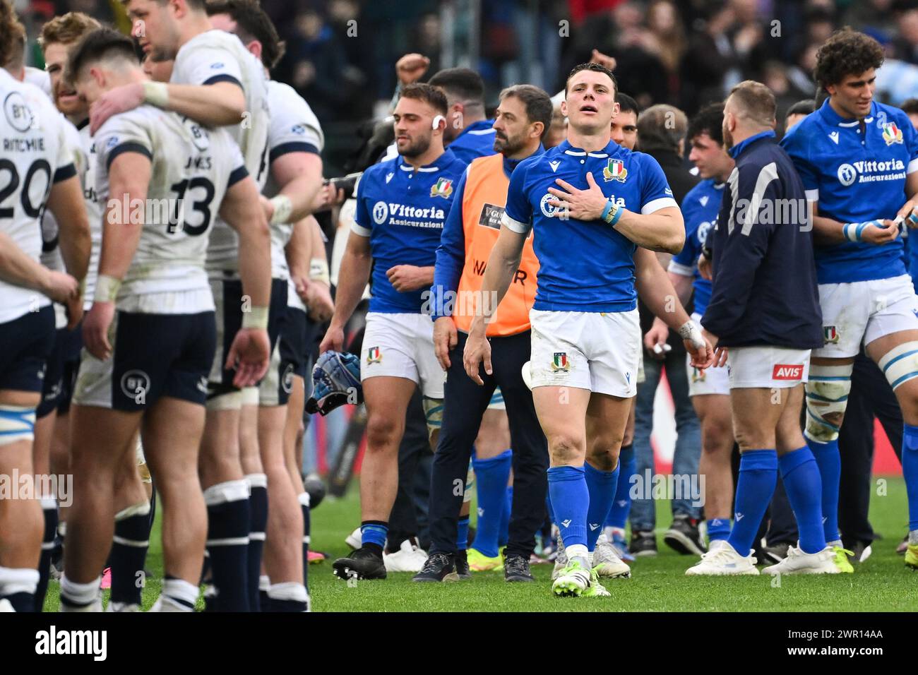 Paolo Garbisi of Italy celebrate at the end of the Six Nations rugby ...