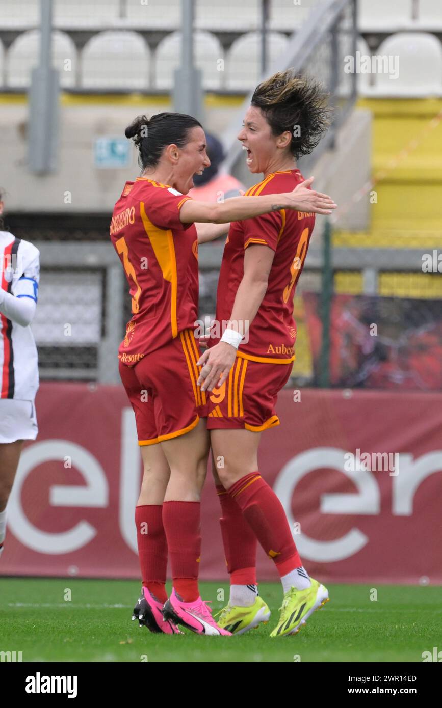Rome, Italy. 10th Mar, 2024. Lucia Di Guglielmo (AS Roma Women); and Valentina Giacinti (AS Roma ...